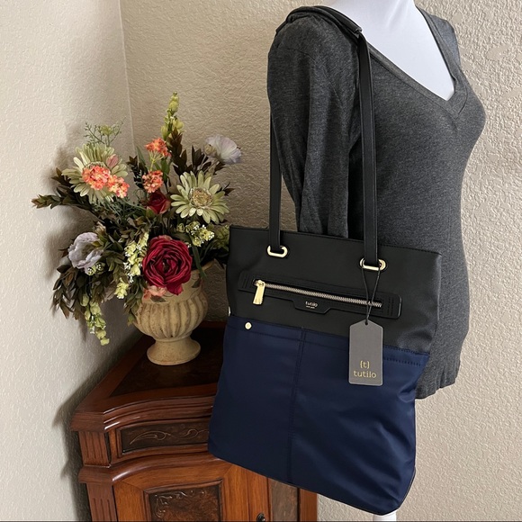 Tutilo | Bags | Tutilo Navy Nylon And Black Vegan Leather Tote Backpack ...